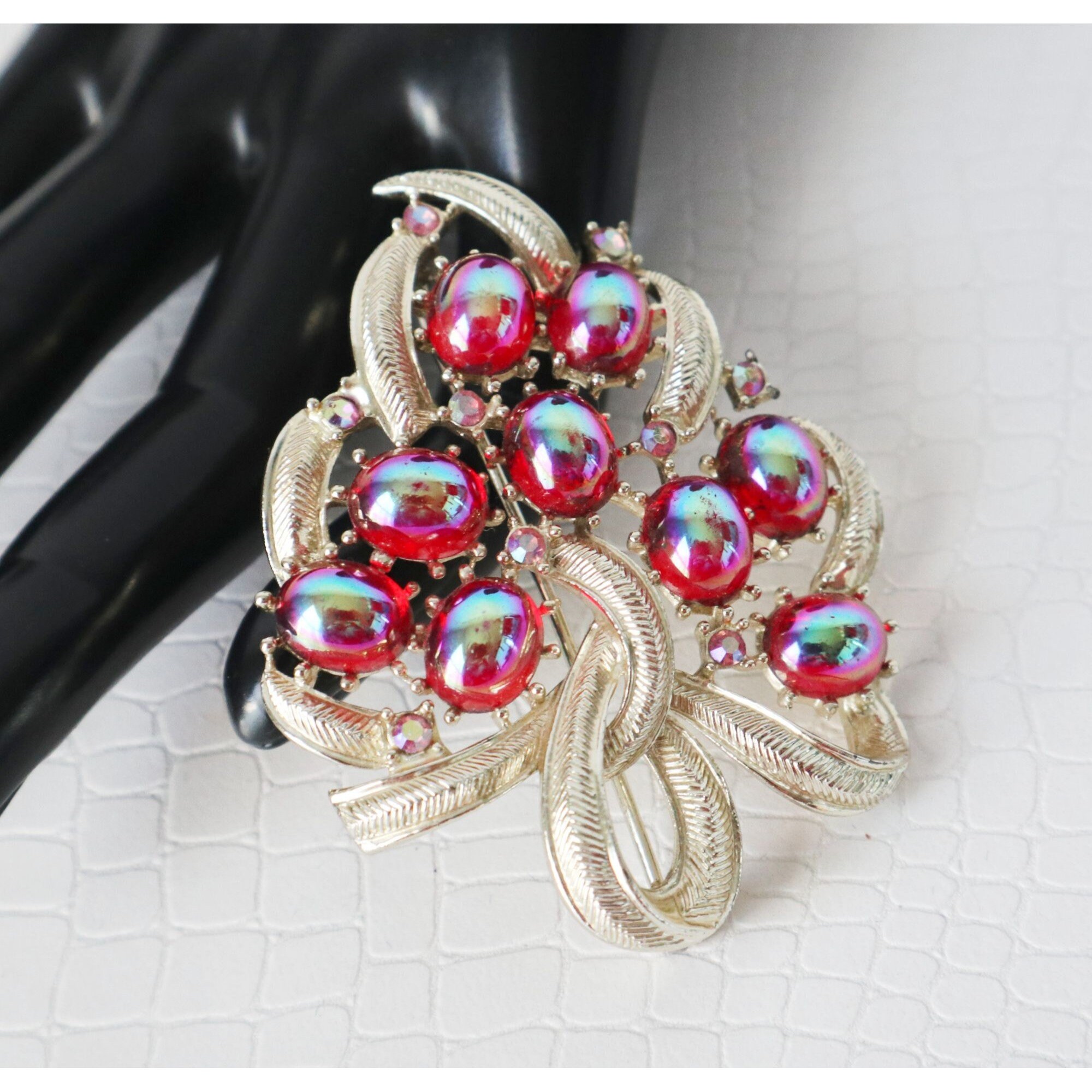 Vintage Coro Brooch Pin Mid Century Modern Red Glass Silver Tone - Etsy