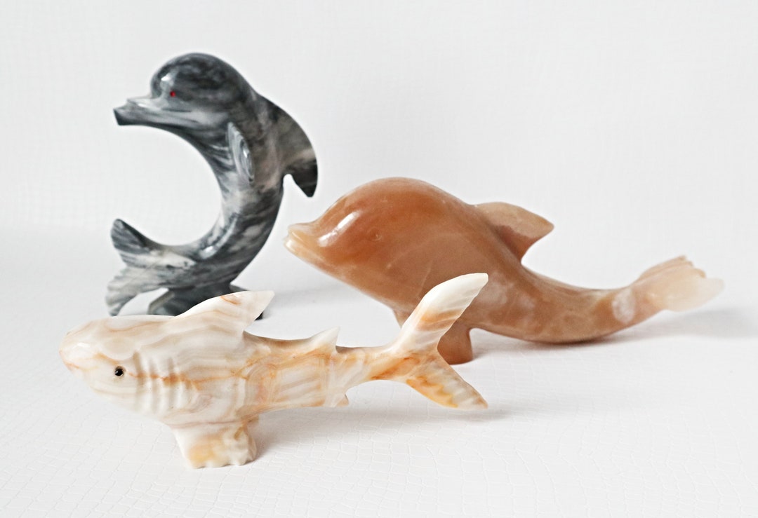3 Vintage Onyx Fish Shark & Dolphins Figurines Marble - Etsy