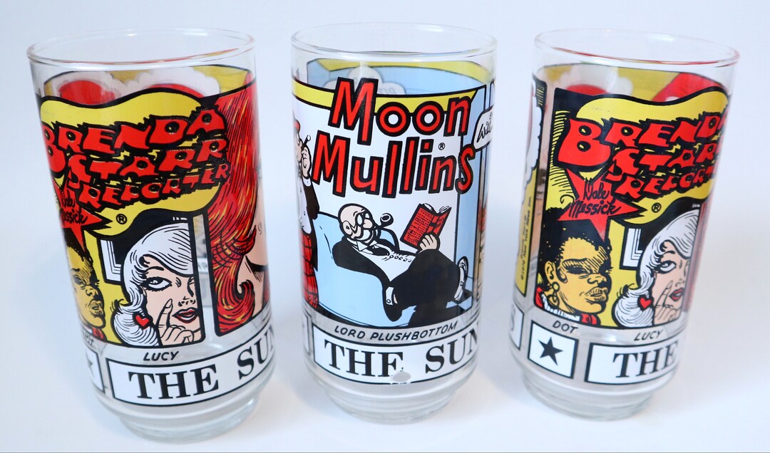 3 Vintage Sunday Funnies Promo Glasses Drinking Glass Brenda Star Moon ...