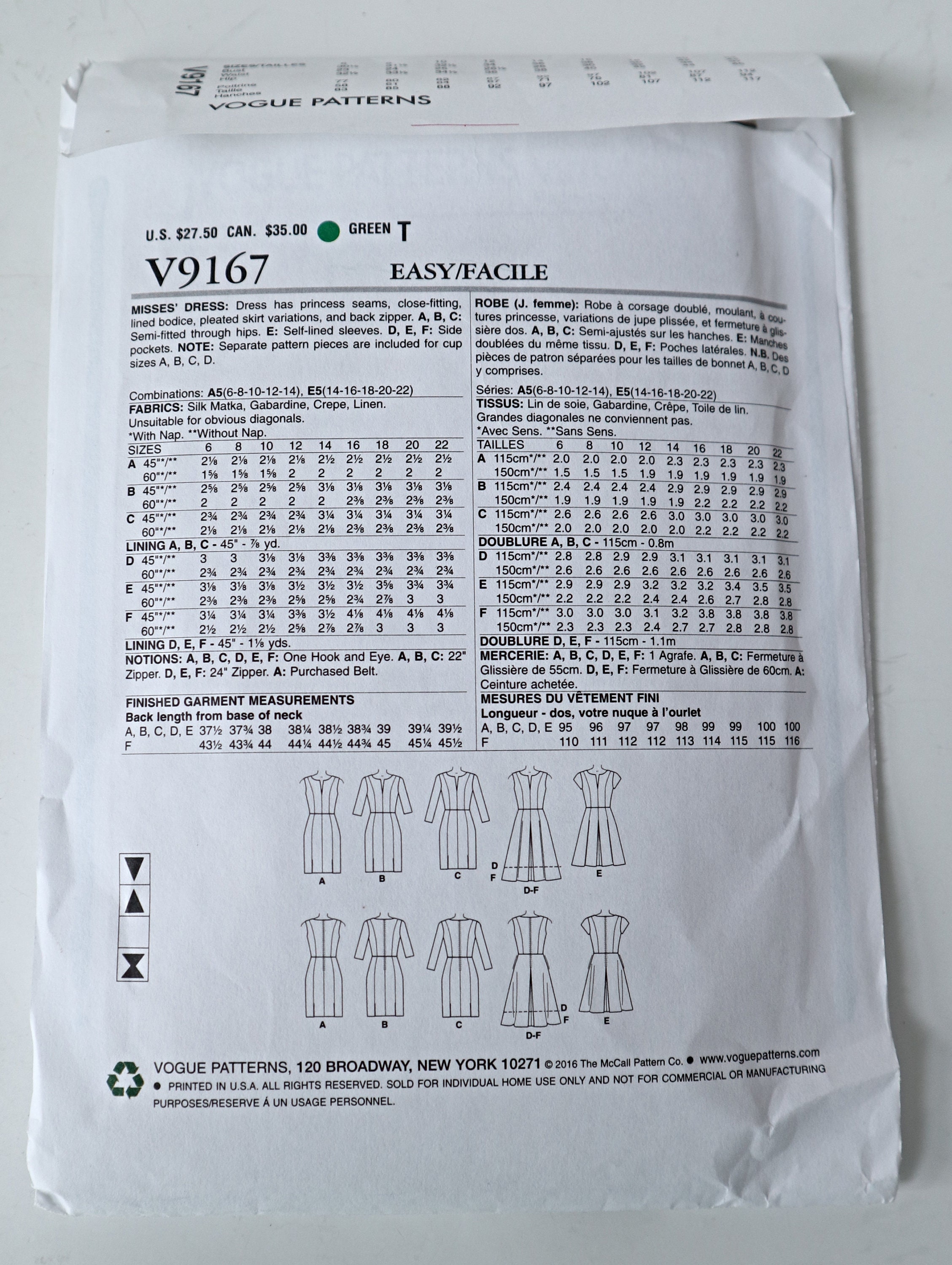Vogue Easy Options V9167 Dress Sewing Pattern 9167 UNCUT Size 6, 8, 10 ...