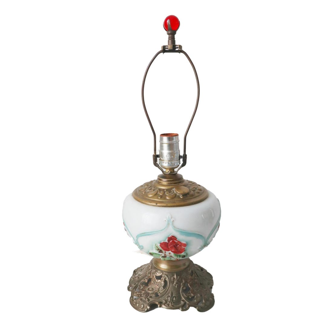 Vintage Electric Converted Oil Lamp With Ornate Base & Floral Embossed ...