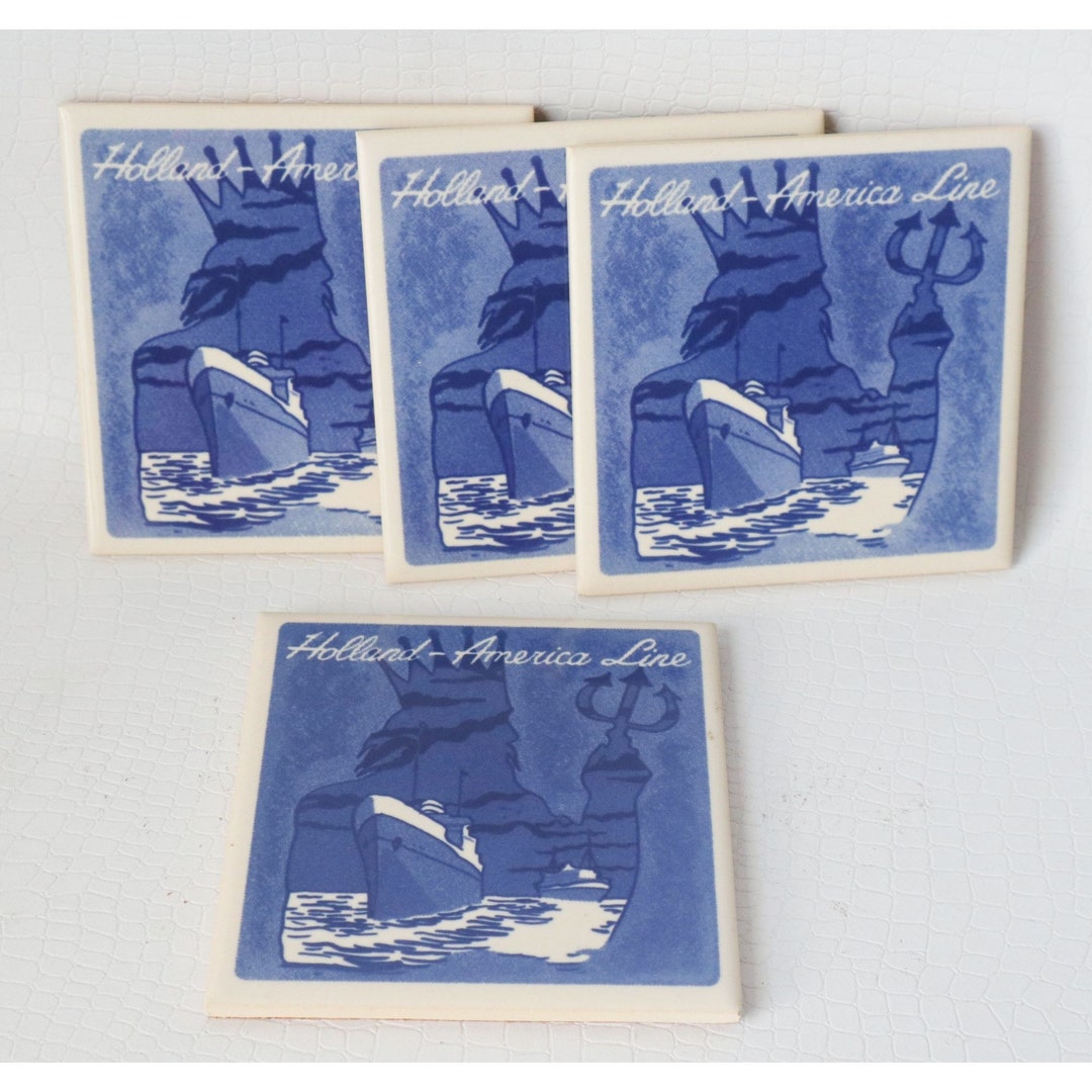 4 Holland America Cruise Line Poseidon Delft Blue Ceramic Tile Coasters ...