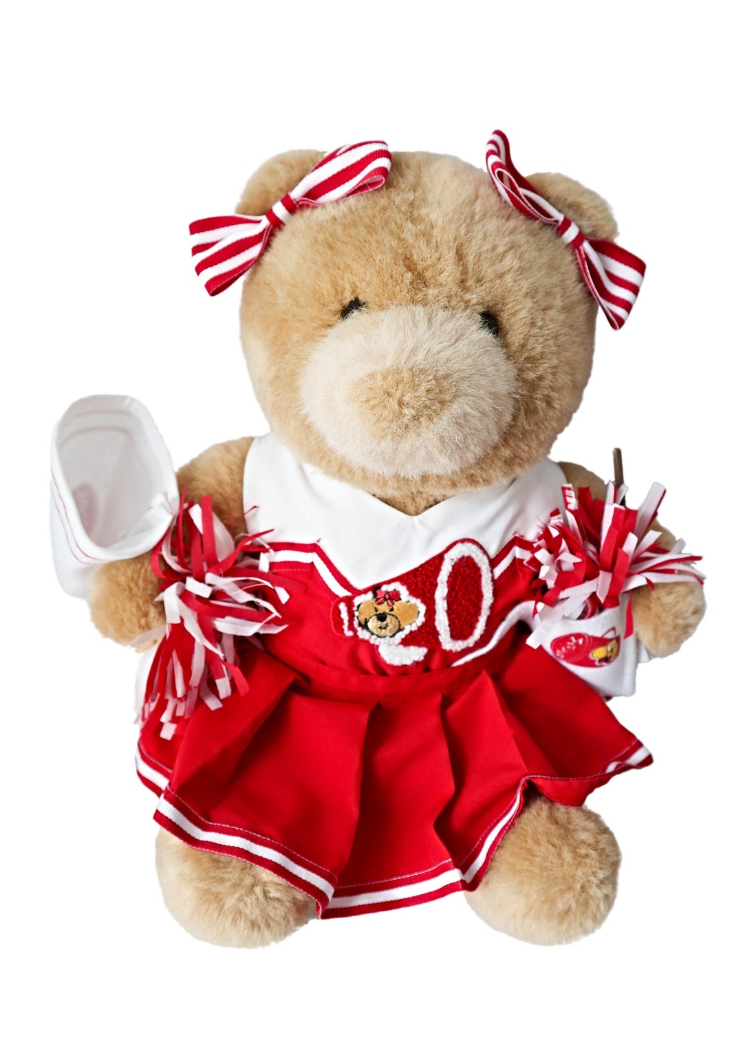 Vintage Build A Bear Cheerleader Bear Red White Cheer Outfit Pom Poms ...