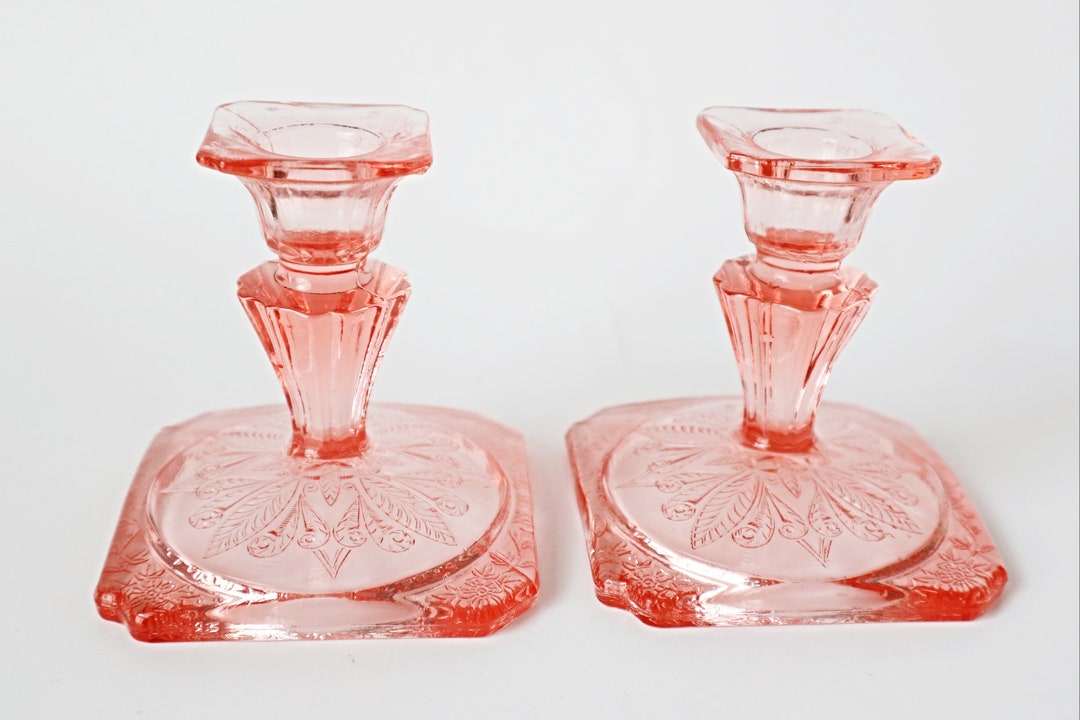 Vintage Pink Depression Glass Adam Candle Holders Candlesticks Jeanette ...