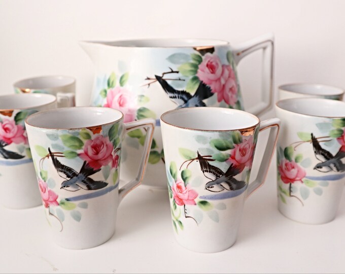 Antique Nippon Hand Painted Lemonade Set Bird Handled Mugs Pitcher ...