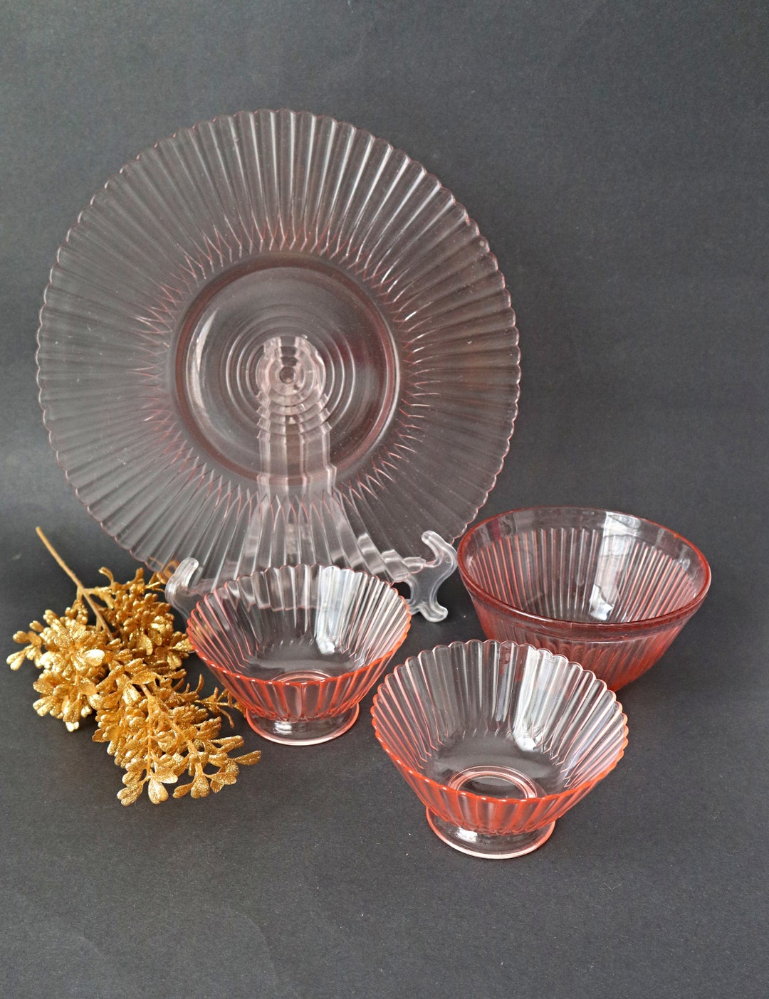 4 Pieces Pink Depression Glass Petalware Plate Sherbet Custard Bowl ...