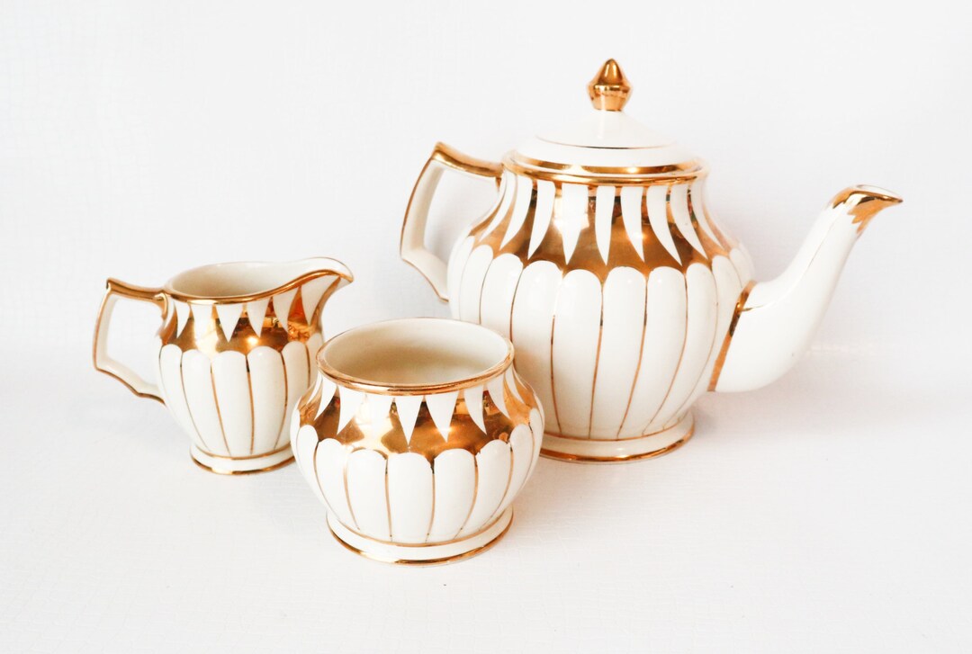 Vintage Sadler England Teapot White With Gold Gilt Trim MCM - Etsy