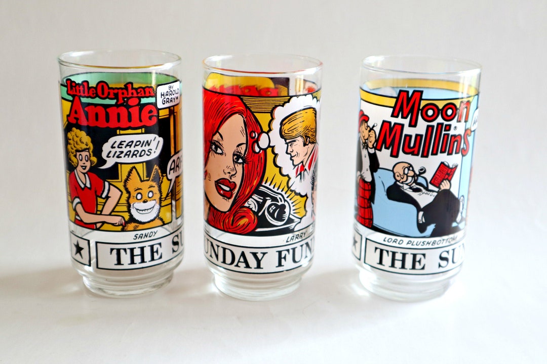 3 Vintage Sunday Funnies Promo Glasses Drinking Glass Orphan Annie ...
