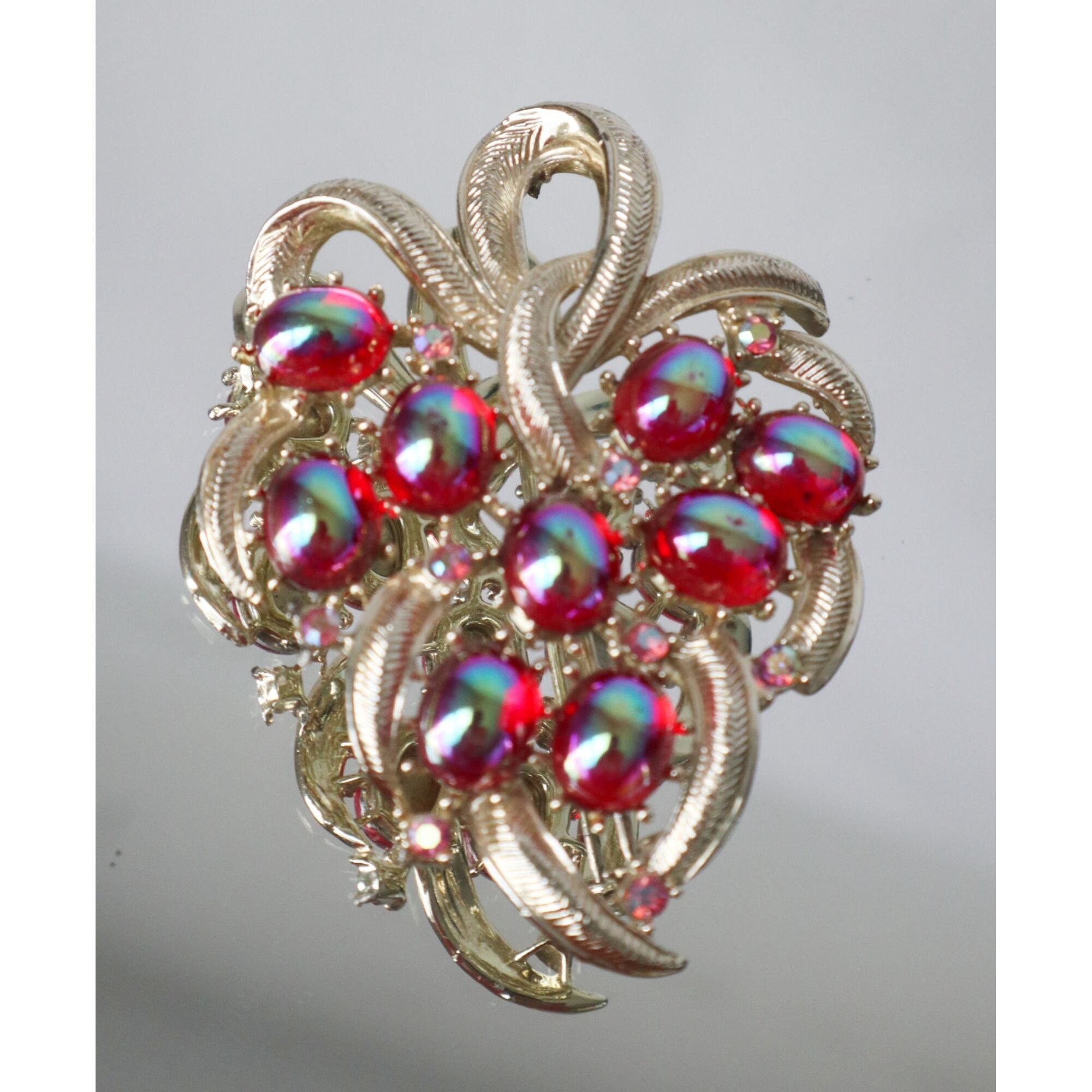 Vintage Coro Brooch Pin Mid Century Modern Red Glass Silver Tone - Etsy