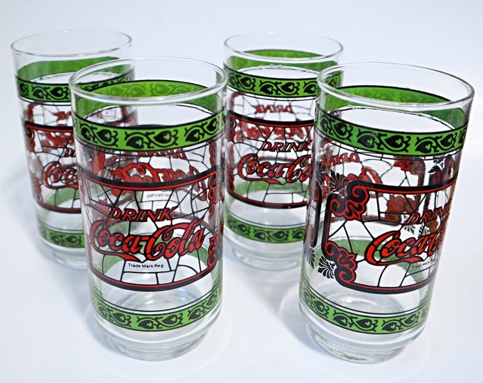 4 Vintage Coke Cola Retro Stained Glass Drinking Glasses "drink Coca ...
