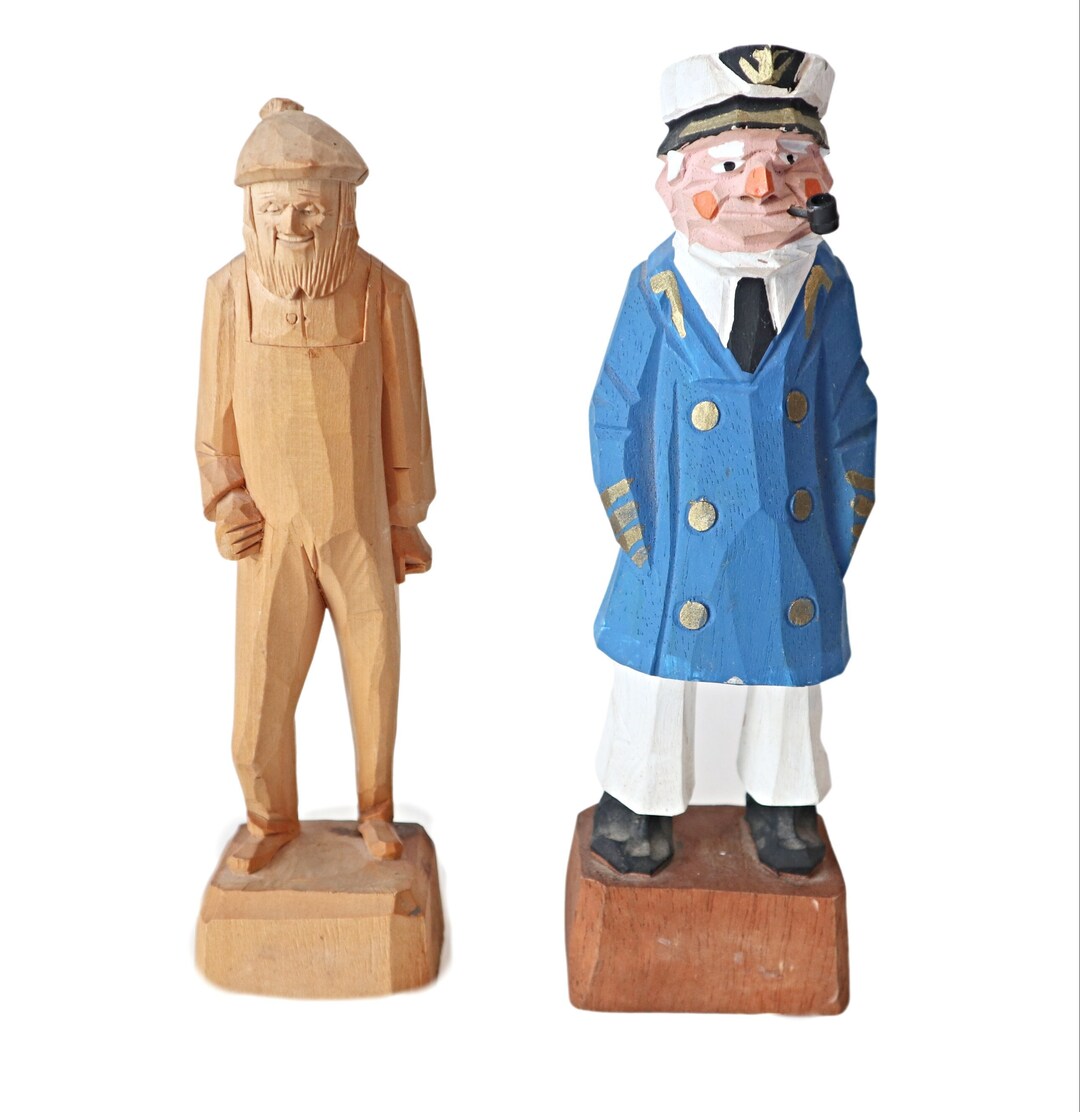2 Vintage Hand Carved Sailor With Pipe & Old Man With Cap - Etsy