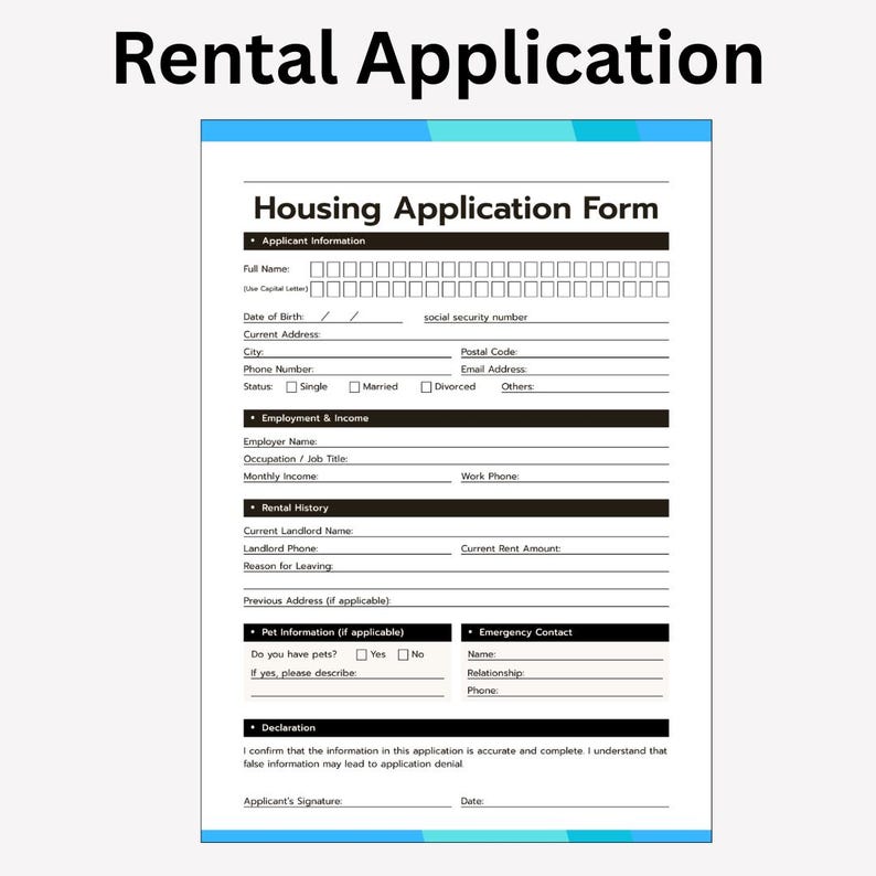 Rental Application Form, Tenant Screening, Printable and Editable (PDF ...