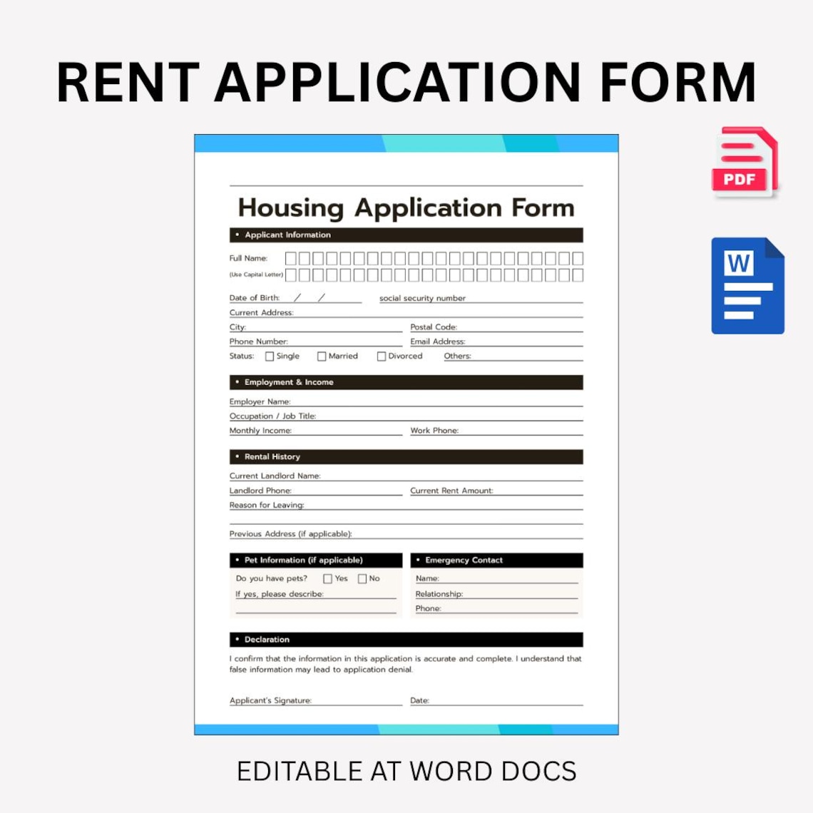 Rental Application Form, Tenant Screening, Printable and Editable (PDF ...