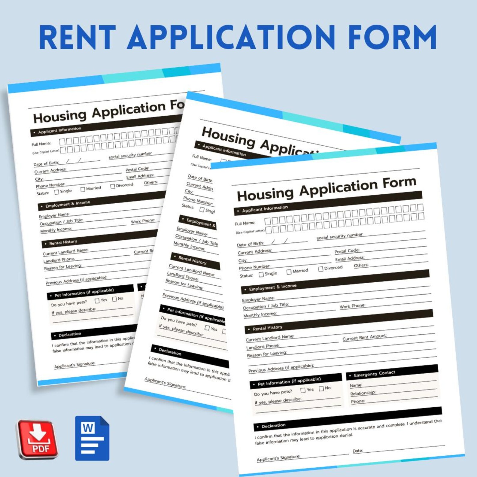 Rental Application Form, Tenant Screening, Printable and Editable (PDF ...