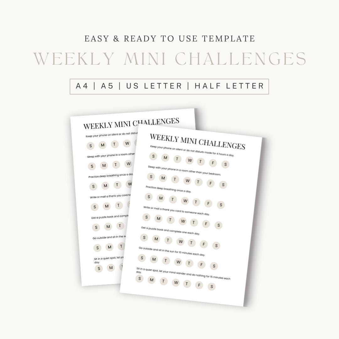 Weekly Mini Challenges Template | Self-care & Wellness Habit Tracker (PDF, A4 A5 US Letter Half ...