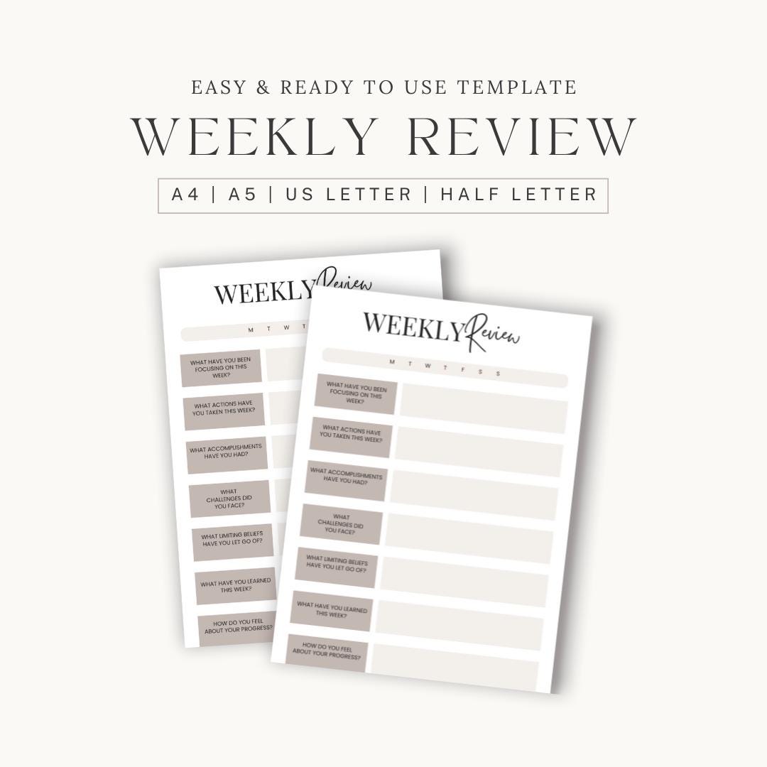 Weekly Review Template | Track Your Goals| A4, A5, Half Letter, US ...