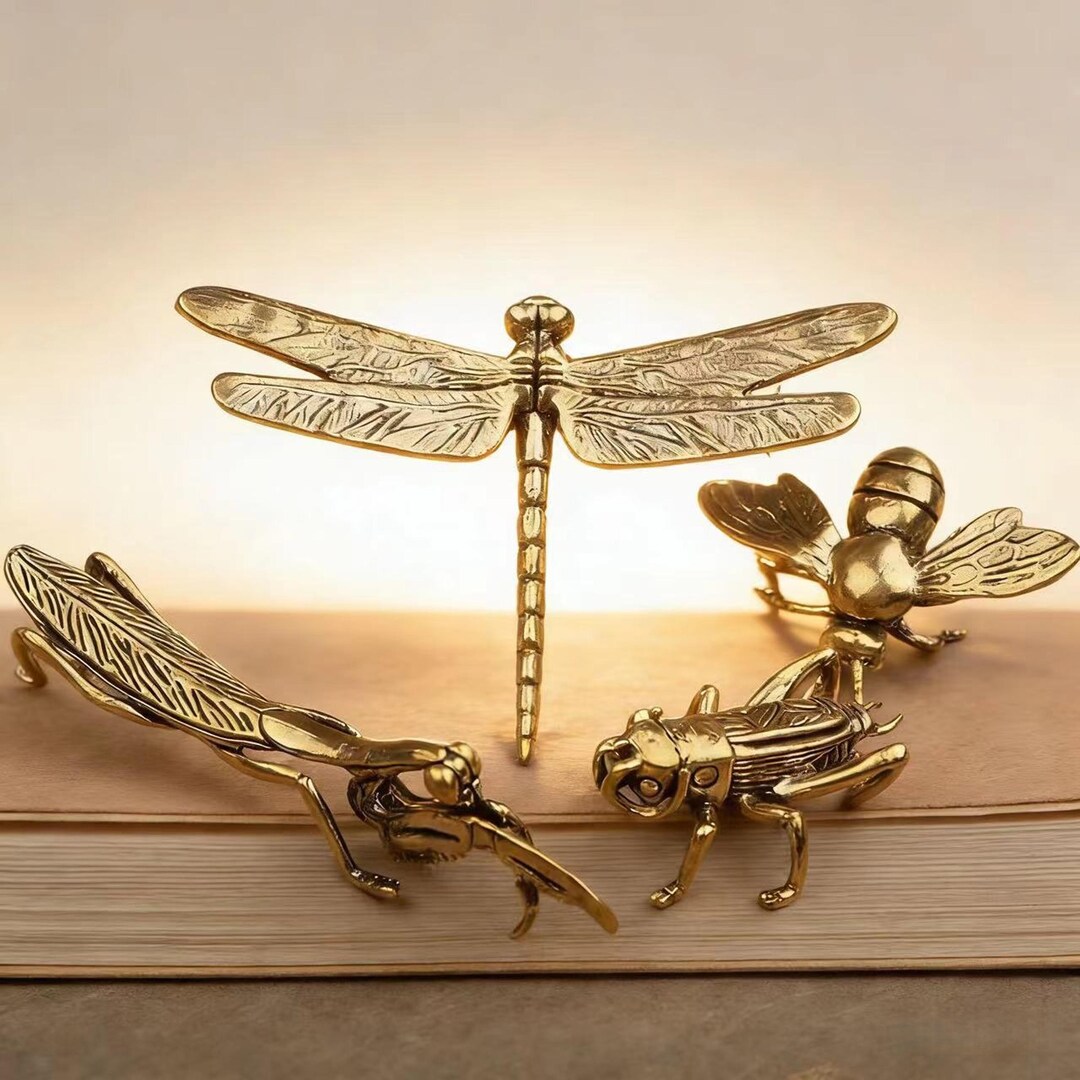 Handmade Solid Copper Insect Figurines Set, Vintage Brass Dragonfly Bee ...