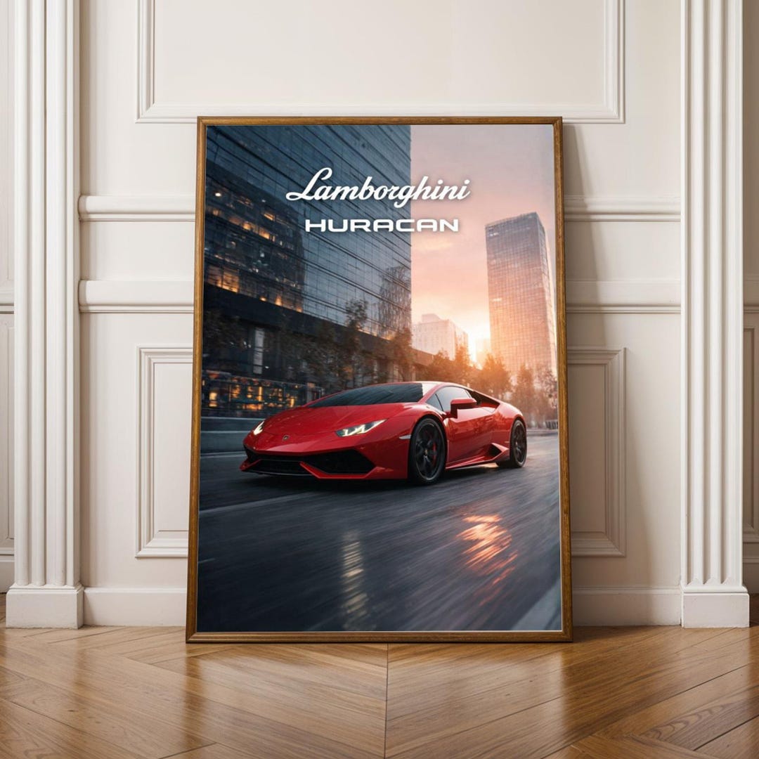 Red Lamborghini Huracan Poster | Supercar Wall Art Print | City Sunset ...
