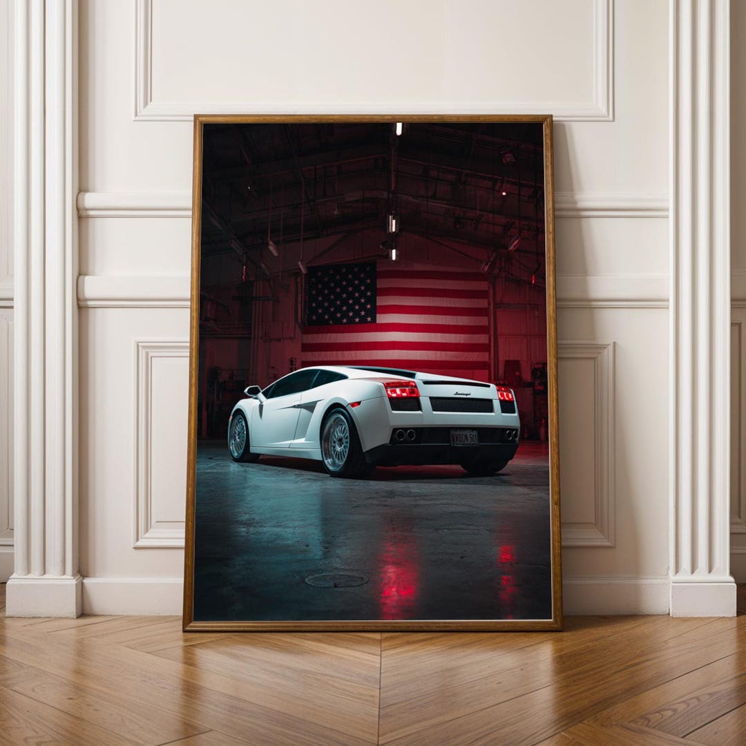 White Lamborghini Gallardo Poster | USA Flag Garage Wall Art | Supercar ...
