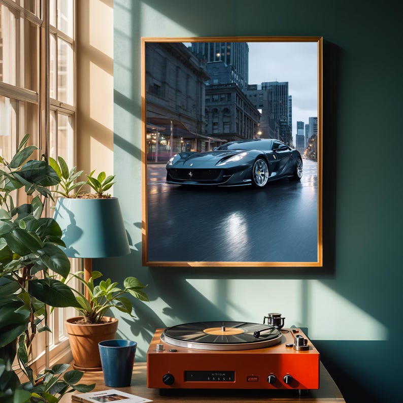 Ferrari 812 Superfast Wall Art Print, Dark Ferrari Supercar Night City ...