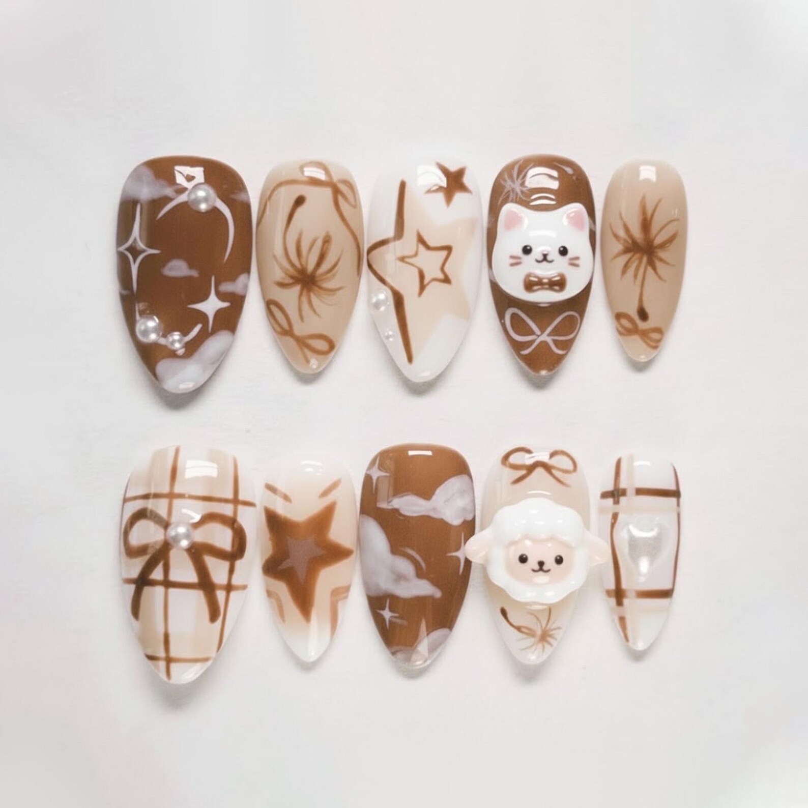 Cute Handmade Press on Nails | 3D Cat & Sheep Design With Stars, Bows ...