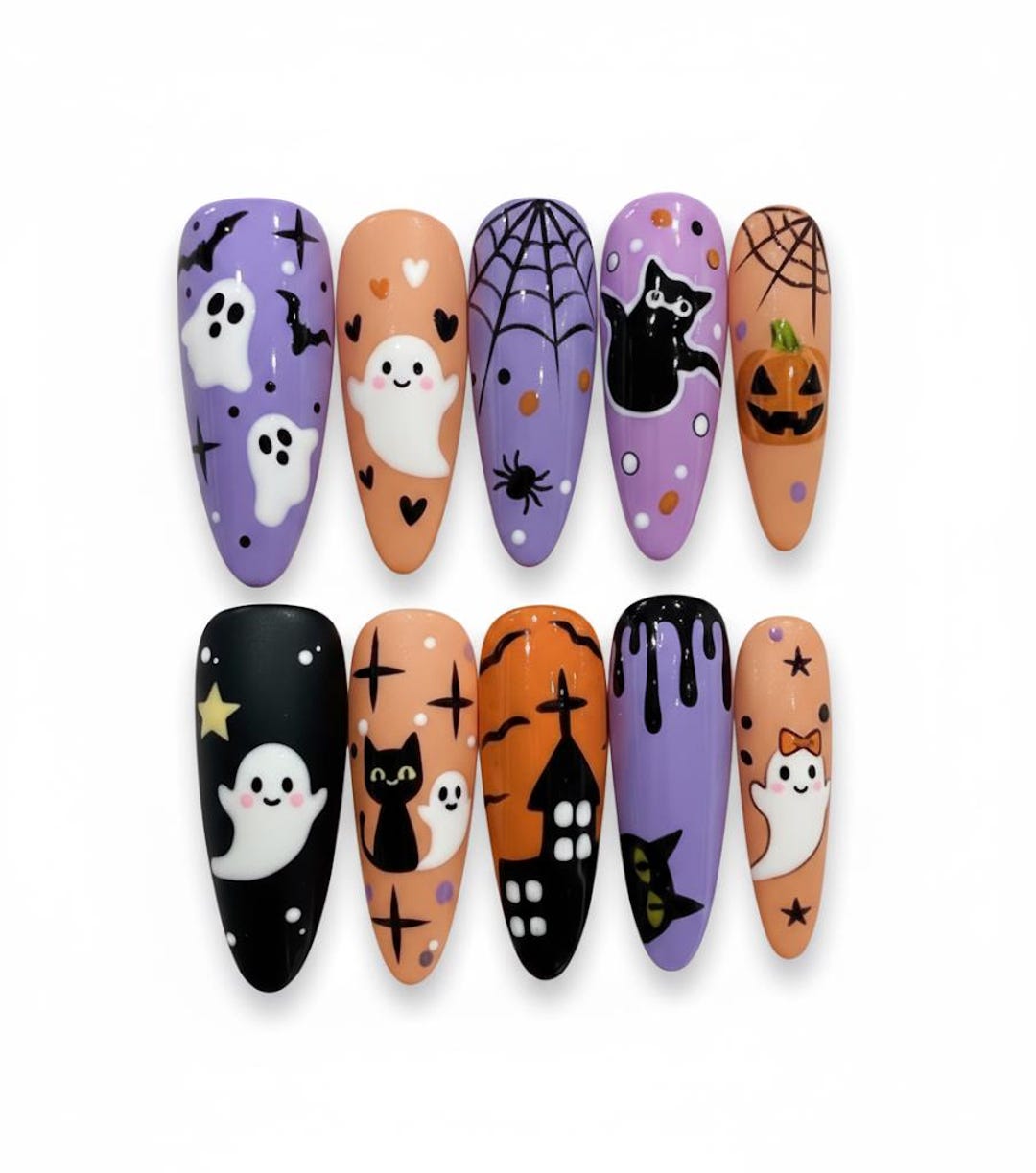 Halloween Nails/gothic Spider Web Nails/black Cat Nails/little Ghost ...