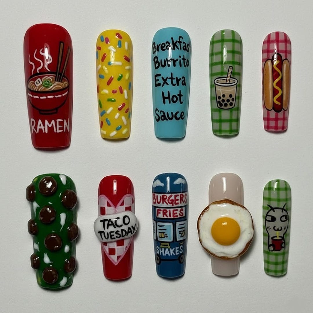 3D Foodie Press on Nails, Cute Fast Food Nail Art, Boba Tea & Hot Dog ...