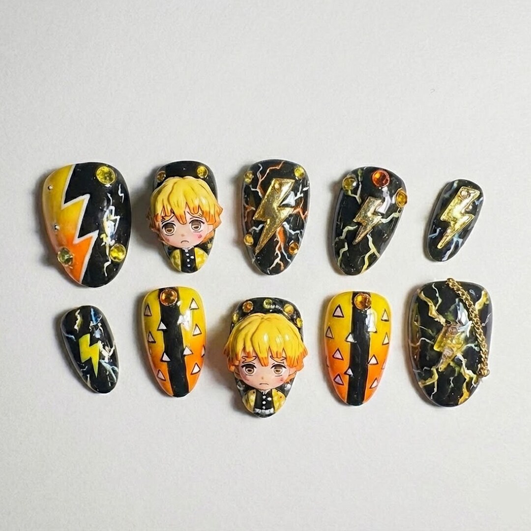 Handmade Zenitsu Demon Slayer Anime Almond Press on Nails, 3D Lightning ...