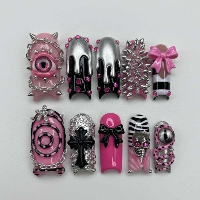 Subversive Cyber Goth Pink Nails - 3D Eyeball & Silver Spikes - Melting ...