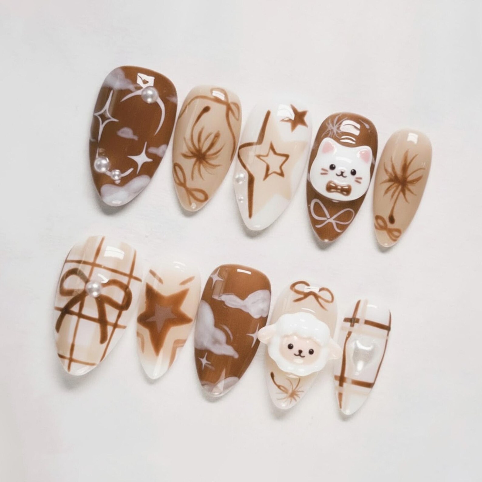 Cute Handmade Press on Nails | 3D Cat & Sheep Design With Stars, Bows ...