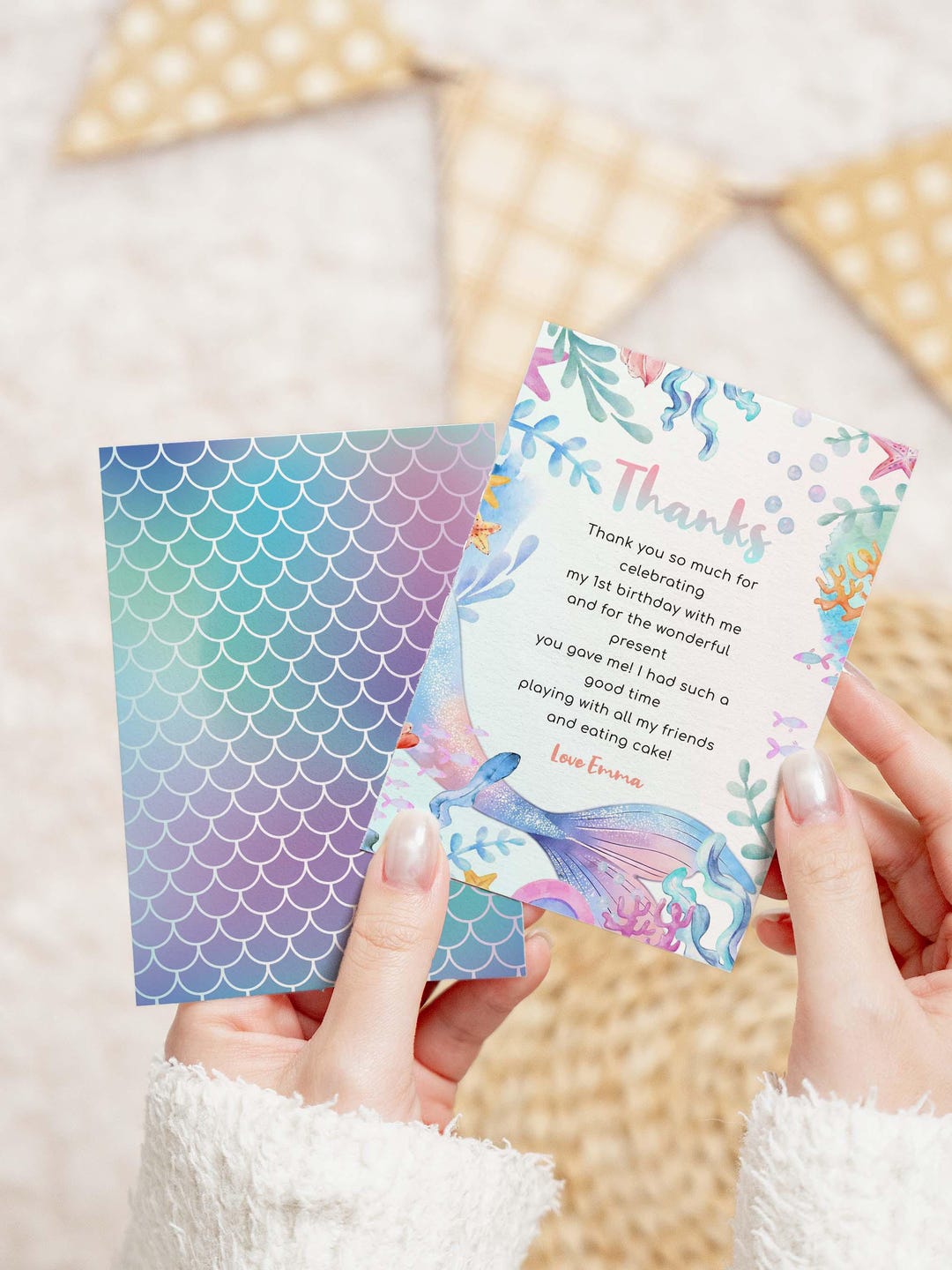 Editable Mermaid Birthday Thank You Card Template Printable Baby's ...