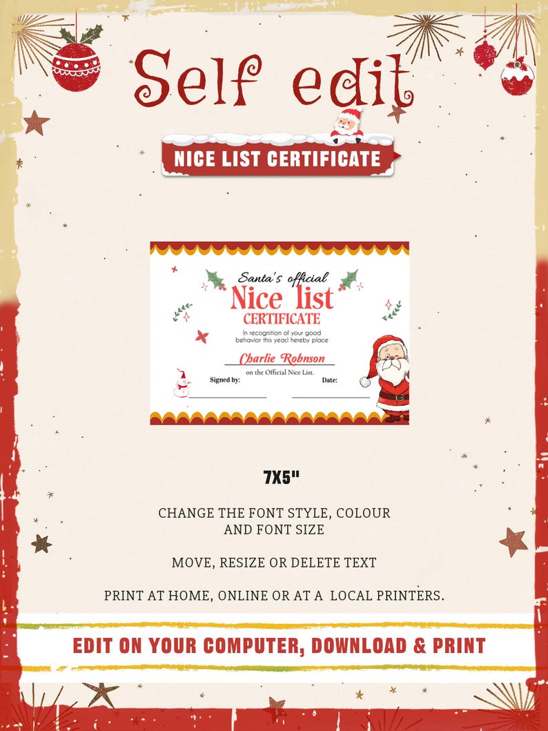 EDITABLE Nice List Certificate Template Printable Instant Download Hand ...