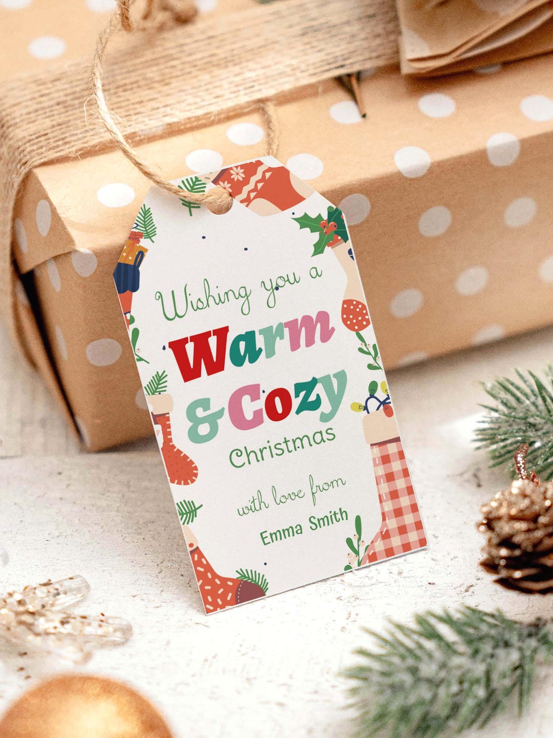 Printable Warm & Cozy Christmas Tag Template Editable Fuzzy Socks Gift ...