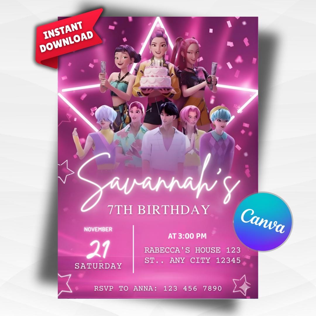 KPOP Demon Hunters Birthday Invitation, Editable Digital Download, KPOP ...