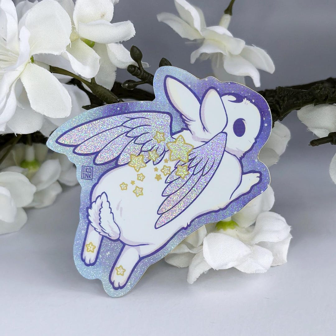 Celestial Bunny Sticker With Glitter Wings | Star Chaser Bunny Leaping ...