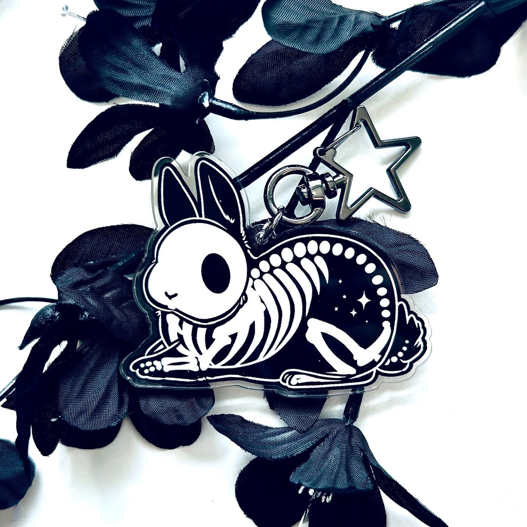 Skelebun Charm Keychain: Spooky Rabbit Skeleton, Gun Metal Star Ring - Etsy