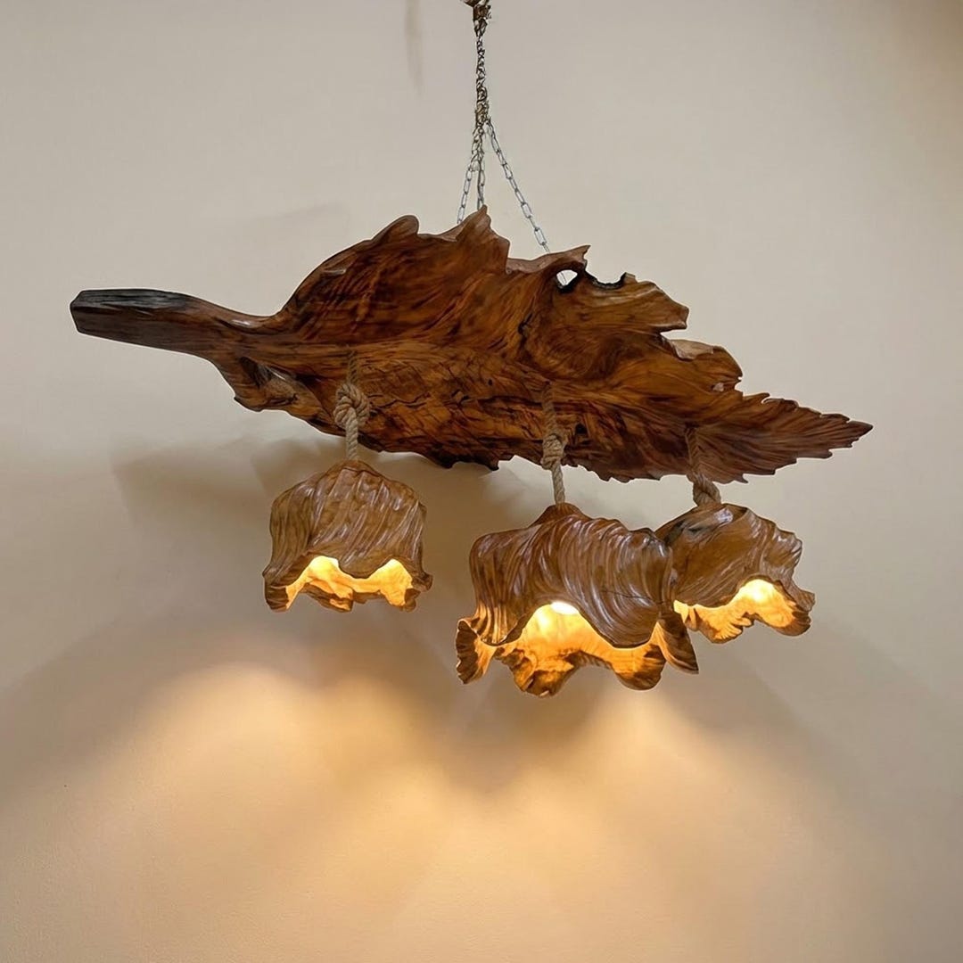 Solid Wood Pendant Light Carving Leaf Wood Lampshade Ceiling Light ...