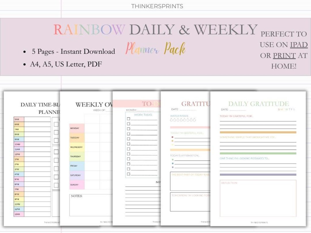 Rainbow Daily and Weekly Planner Pack | 5 Page Printable Digital ...