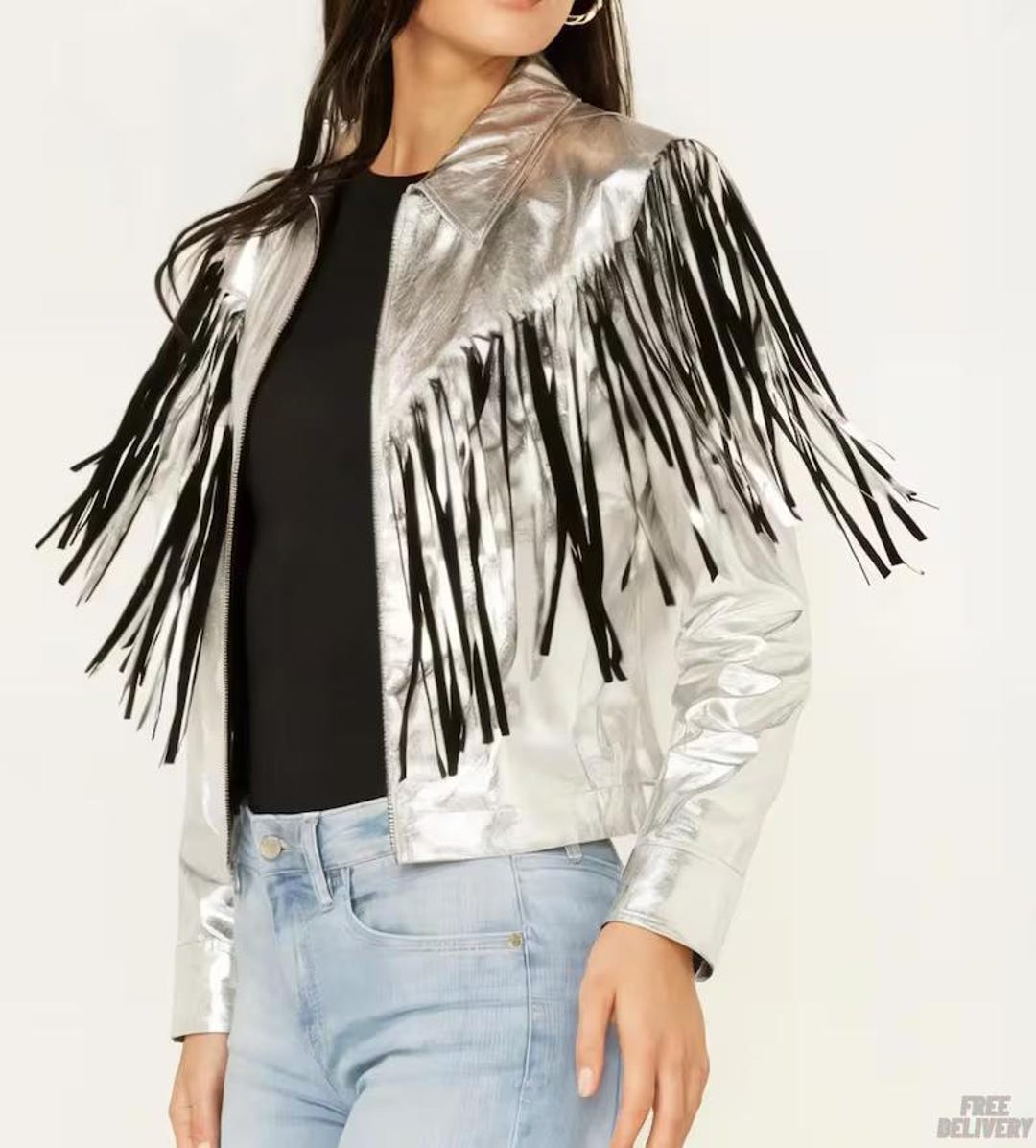 Handmade Metallic Silver Fringe Jacket: Cowgirl Festival Faux Leather ...