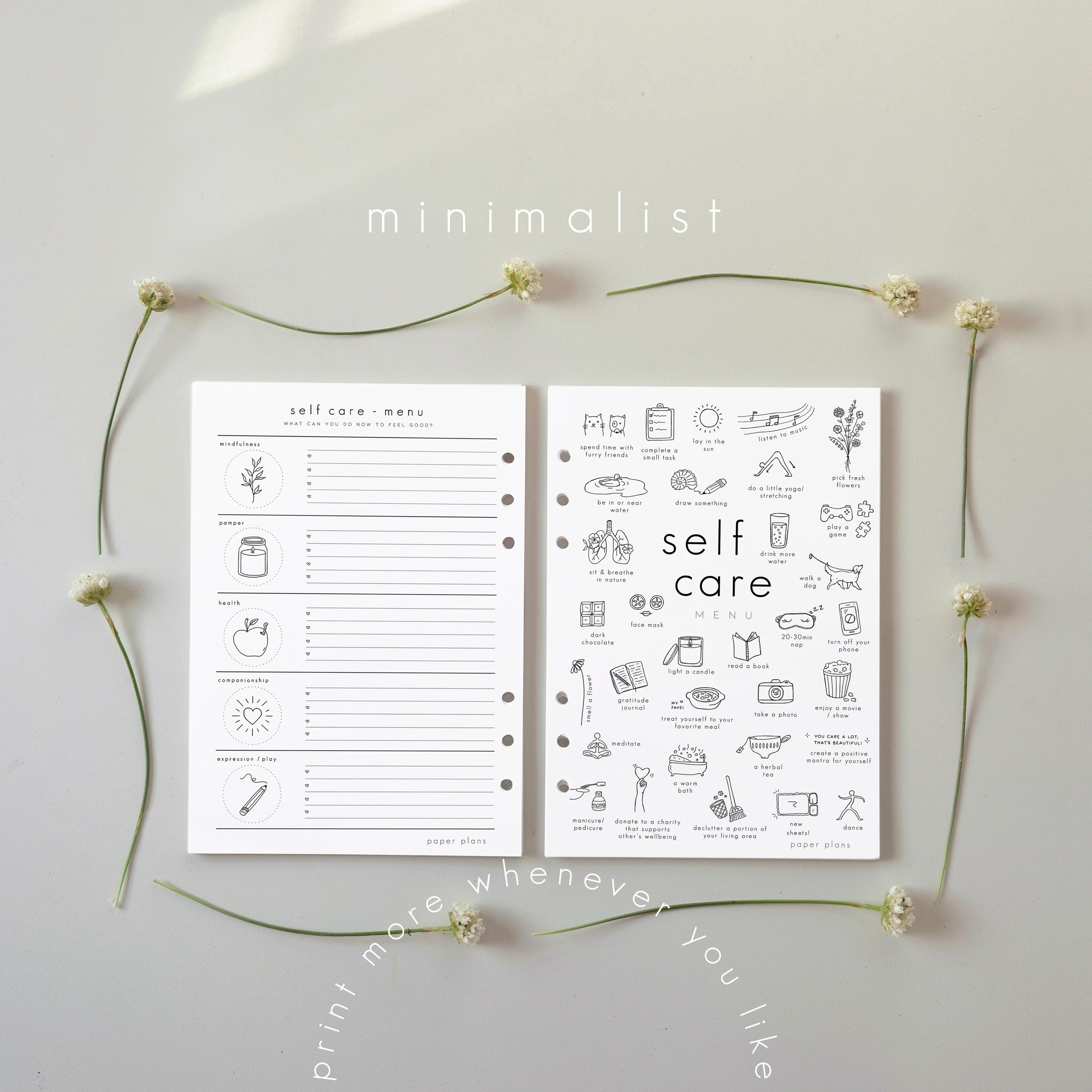 Self Care Menu - Wellness Checklist - Self Care Journal Tracker ...