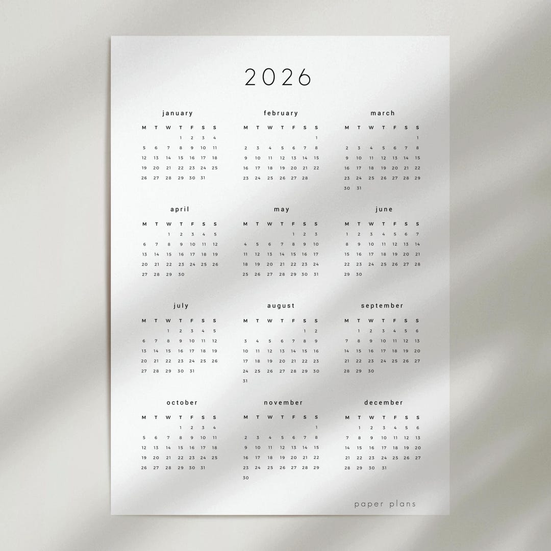 Year At-a-glance: 2026 Calendar, Minimalist Printable (PDF, Download ...