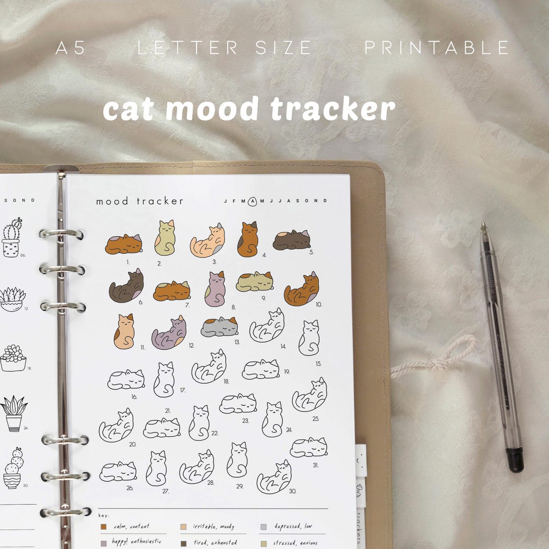 Cat Mood Tracker: Monthly Journal, (printable, PDF, Letter Size, A5) - Etsy