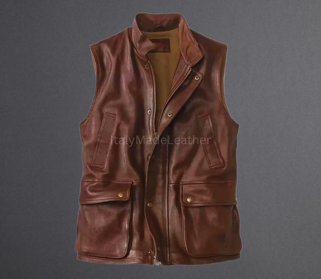 Men’s Genuine Brown Cowhide Leather Vest – Handmade Brown Leather Biker ...