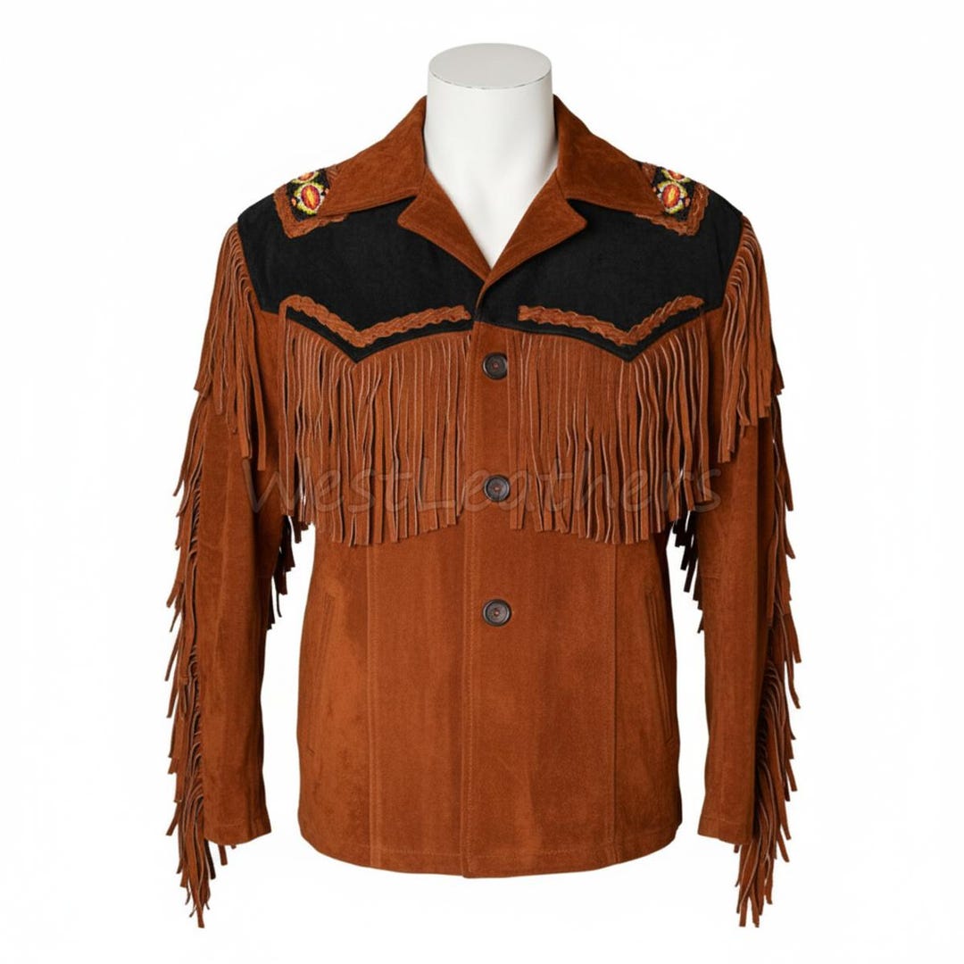 Men's Suede Fringe Western Jacket: Brown & Black Embroidered Cowboy ...