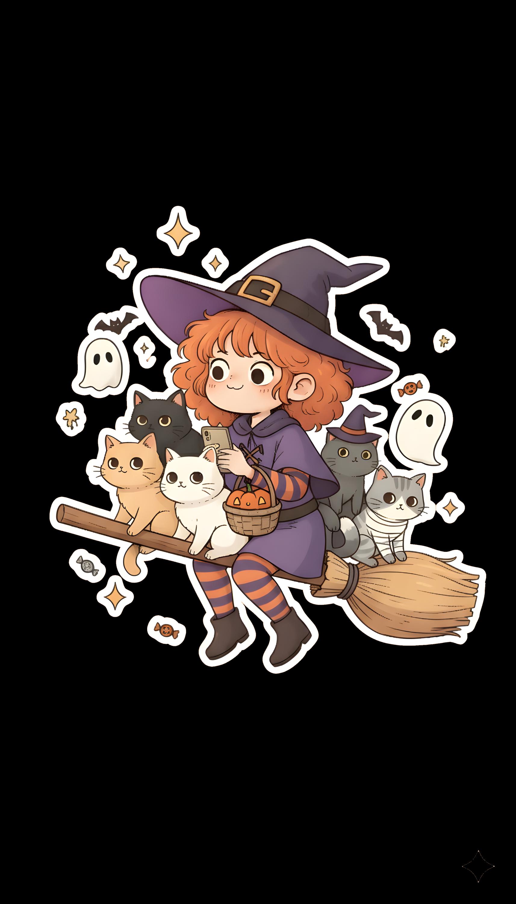 Halloween Witch & Cats PNG Clipart: Spooky Fall Illustration - Etsy