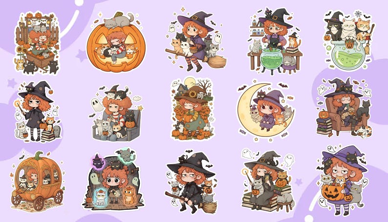 Halloween Witch & Cats PNG Clipart: Spooky Fall Illustration - Etsy