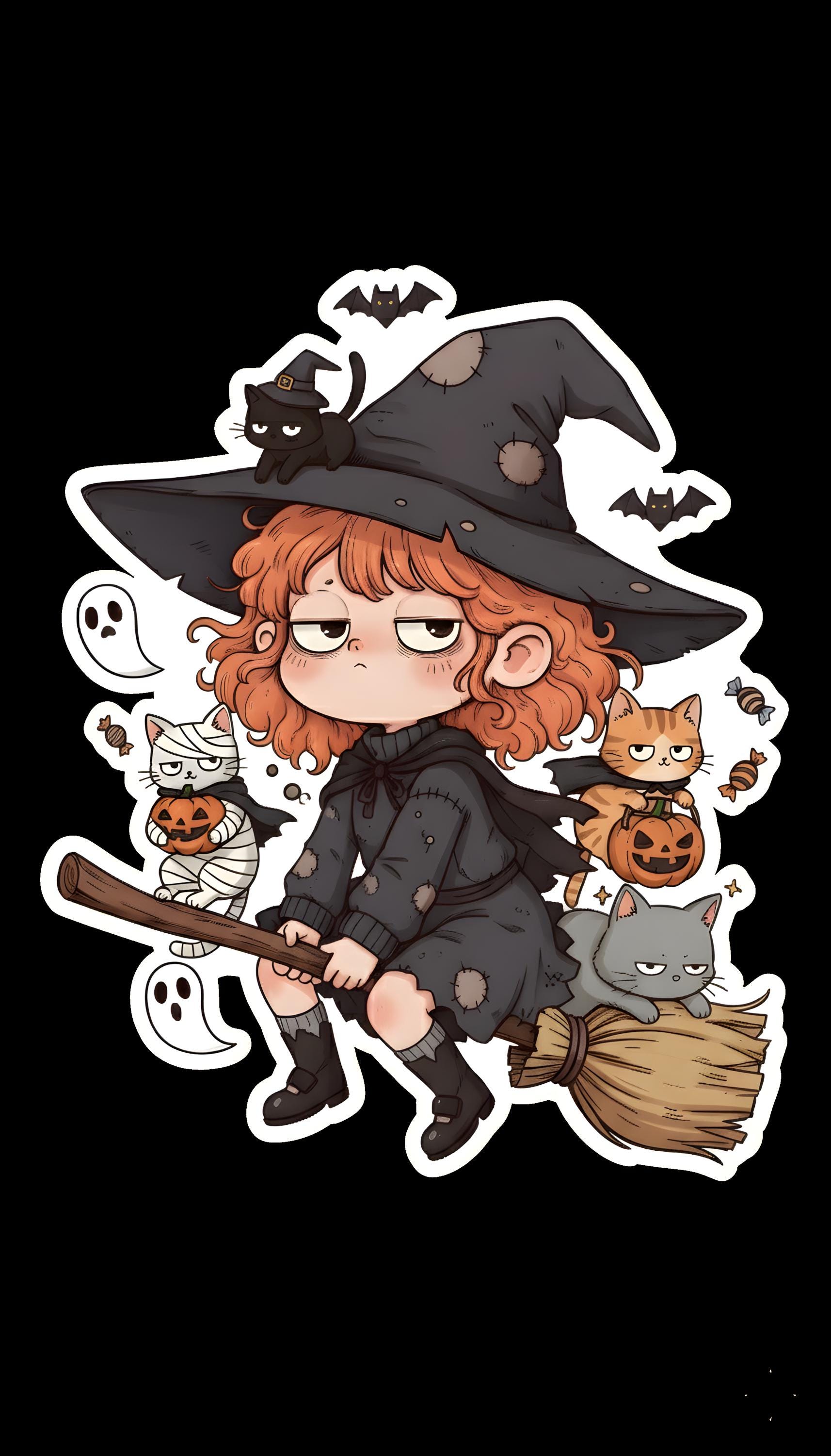 Halloween Witch & Cats PNG Clipart: Spooky Fall Illustration - Etsy