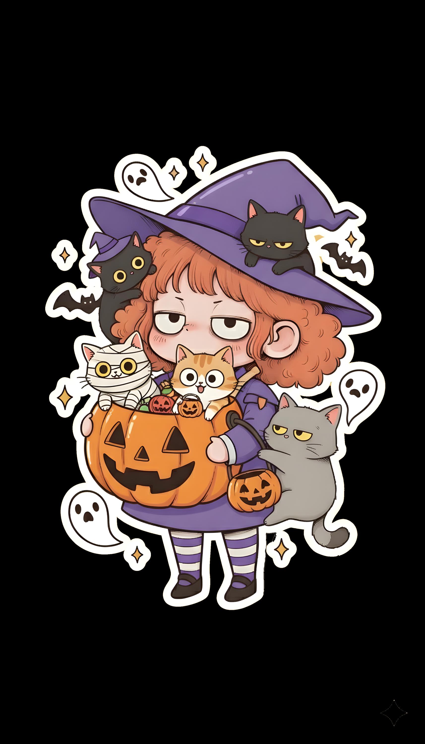 Halloween Witch & Cats PNG Clipart: Spooky Fall Illustration - Etsy