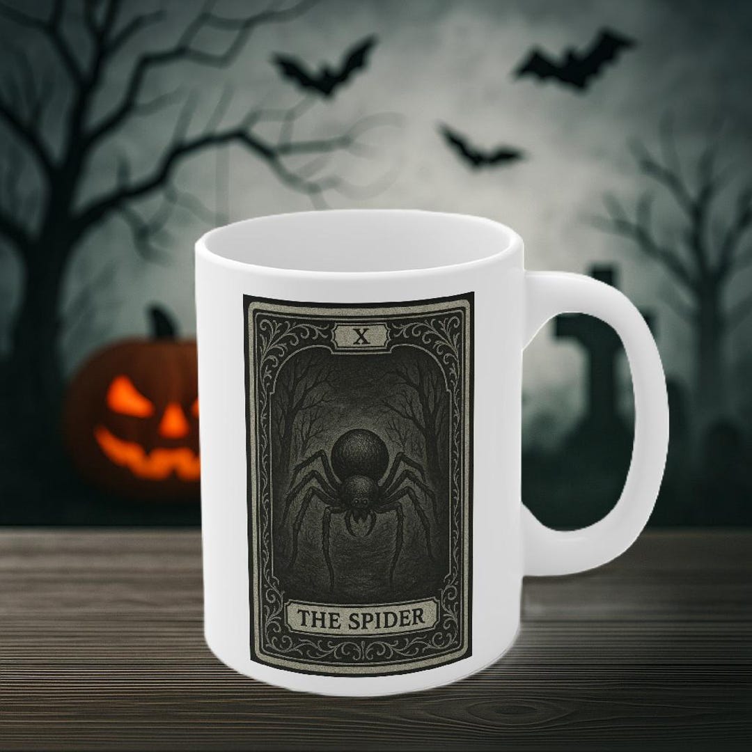 Spider Tarot Card White Mug, Gothic Halloween Ceramic 11oz Coffee Cup ...