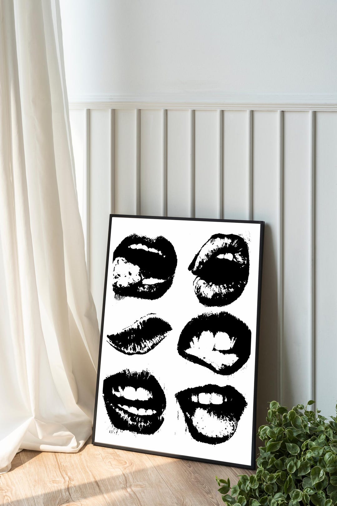 Minimalist Lips Pop Art Print: Black & White Stippling (digital ...